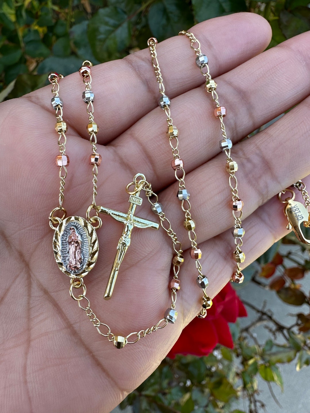 Tricolor Gold Plated Rosary Necklace With Cross & Virgin Mary- Rosario ...