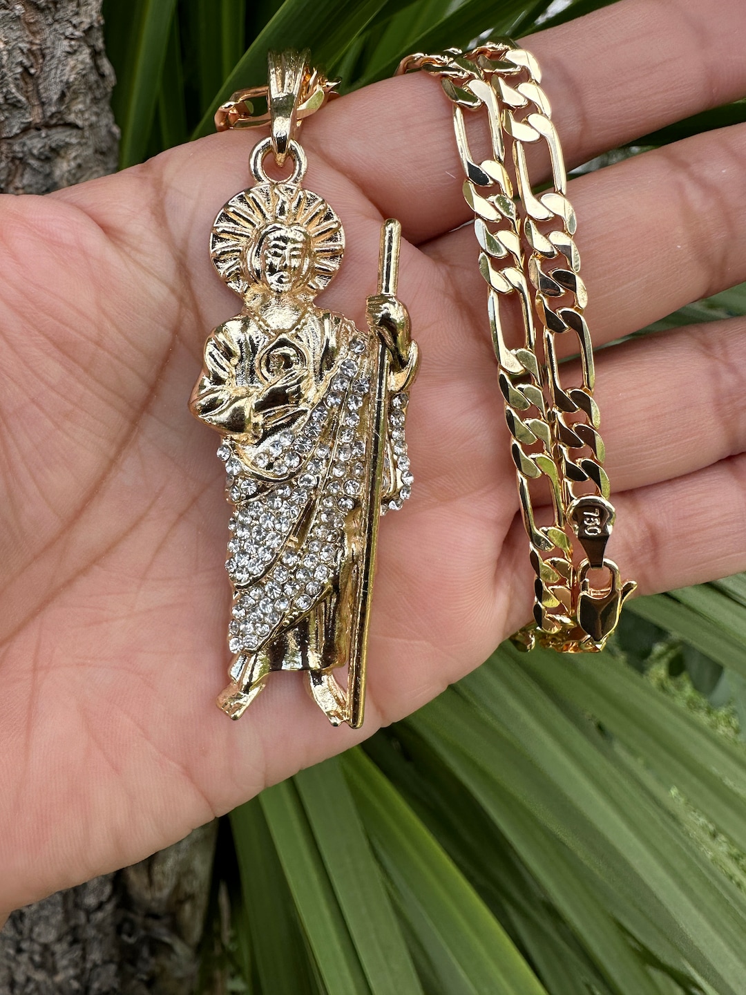San Judas Tadeo Necklace Men's 14k Gold Layered Iced Saint Jude ...