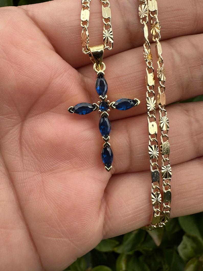 14k Blue Diamond Cross Necklace Gold Plated 20” Long - Cadena Cruz Blue ...