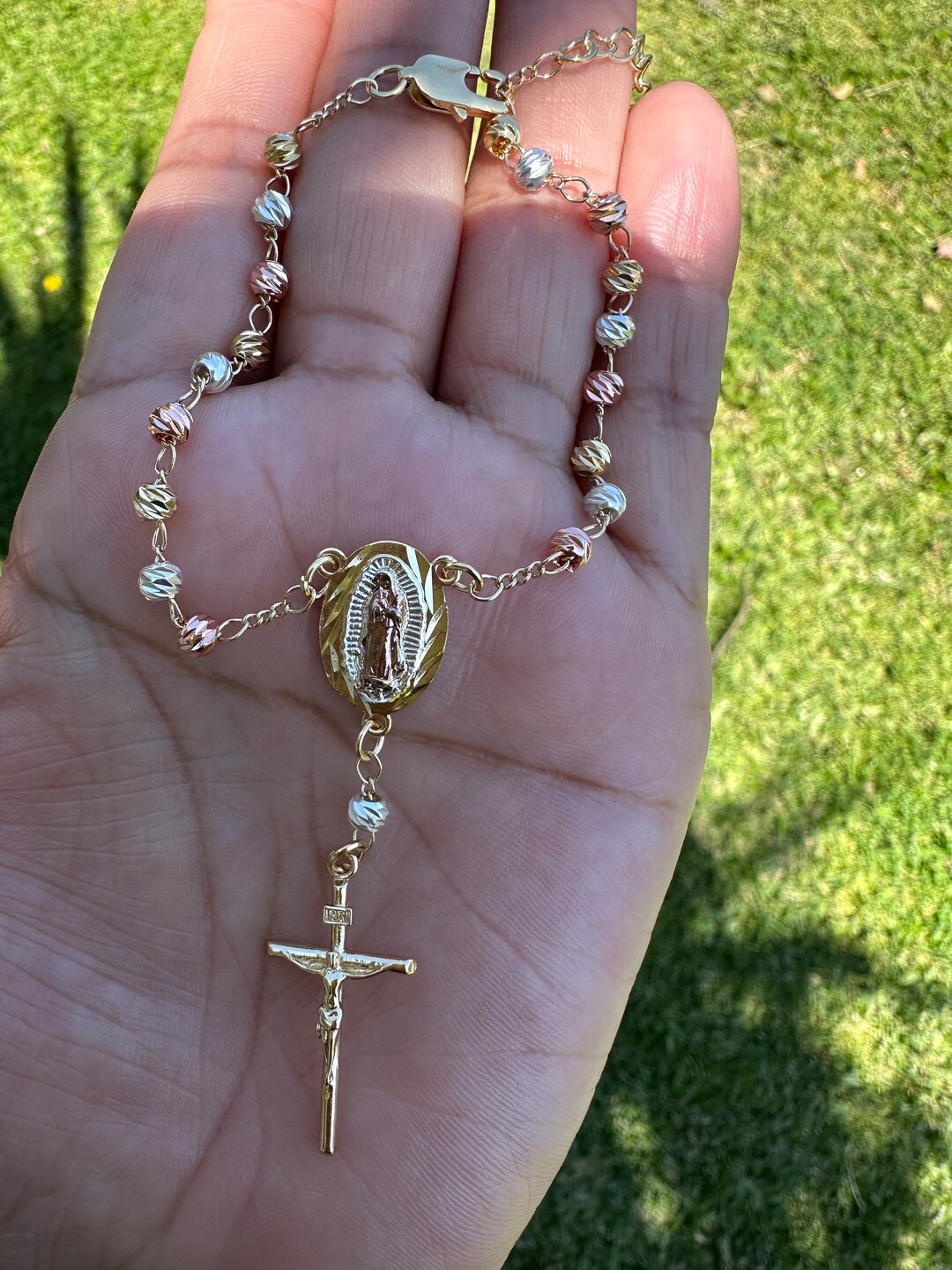 Rosary Bracelet Gold Plated With Cross and Virgin Mary Charm 7 ...