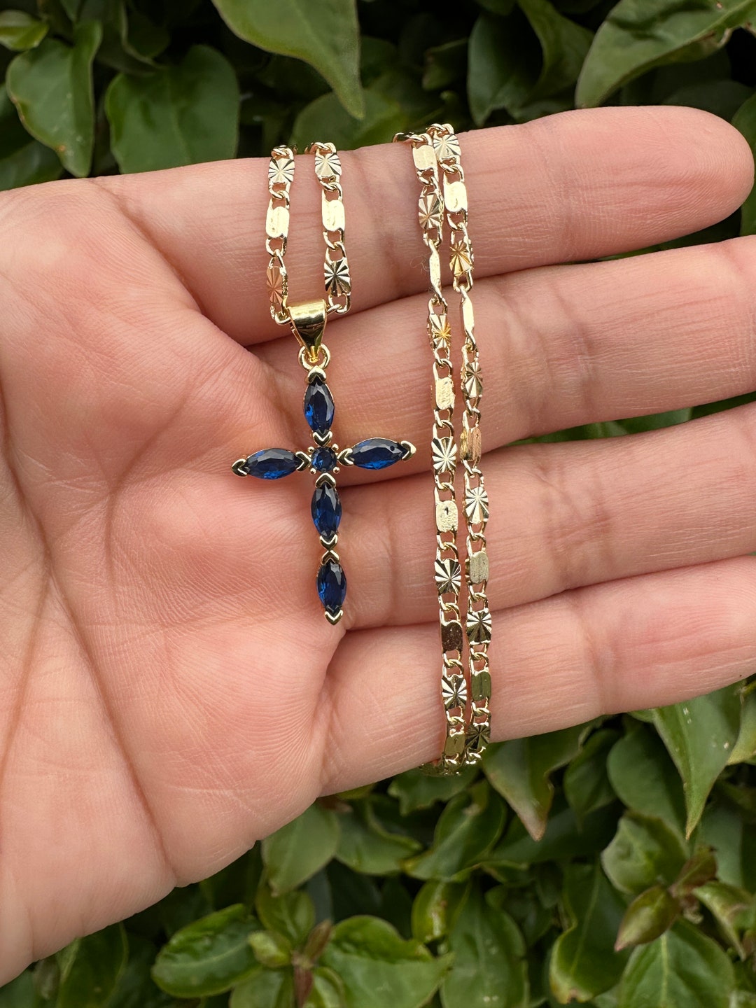14k Blue Diamond Cross Necklace Gold Plated 20” Long - Cadena Cruz Blue ...