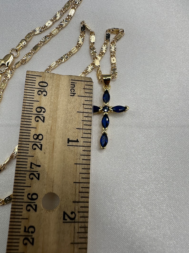 14k Blue Diamond Cross Necklace Gold Plated 20” Long - Cadena Cruz Blue ...