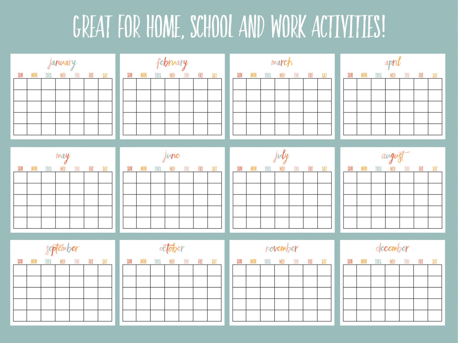 Printable Calendar, Blank Landscape Calendar Printable - Etsy