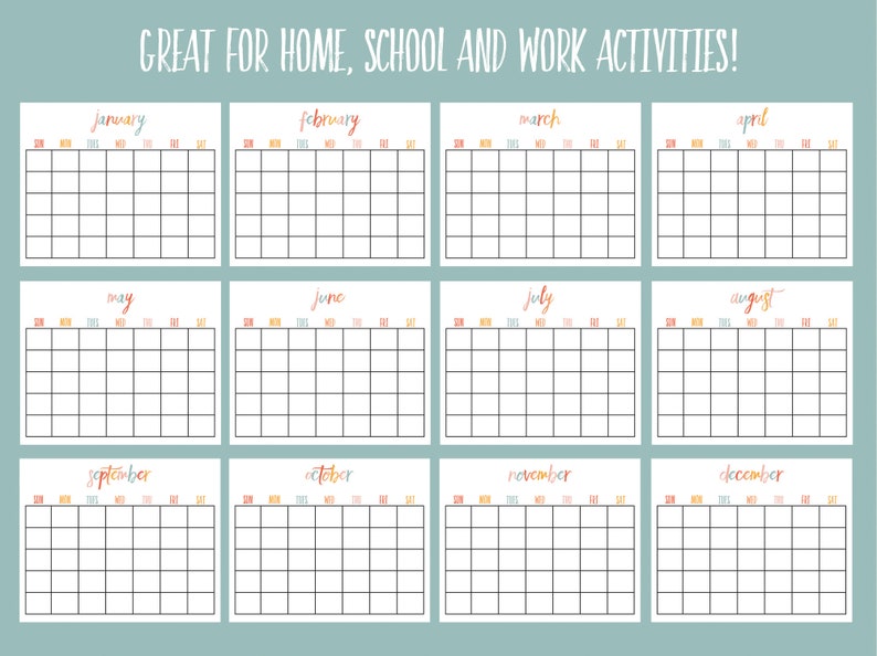 Printable Calendar, Blank Landscape Calendar Printable - Etsy