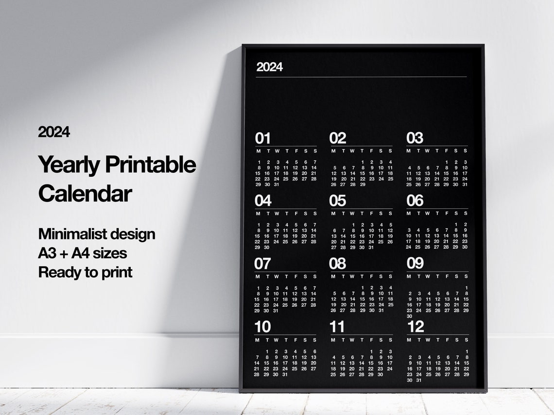 2024 Yearly Black Printable Calendar | Minimalist Design | A4 & A3 ...