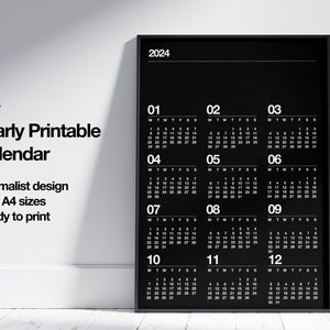 2024 Yearly Black Printable Calendar | Minimalist Design | A4 & A3 ...