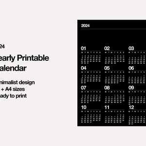 2024 Yearly Black Printable Calendar | Minimalist Design | A4 & A3 ...
