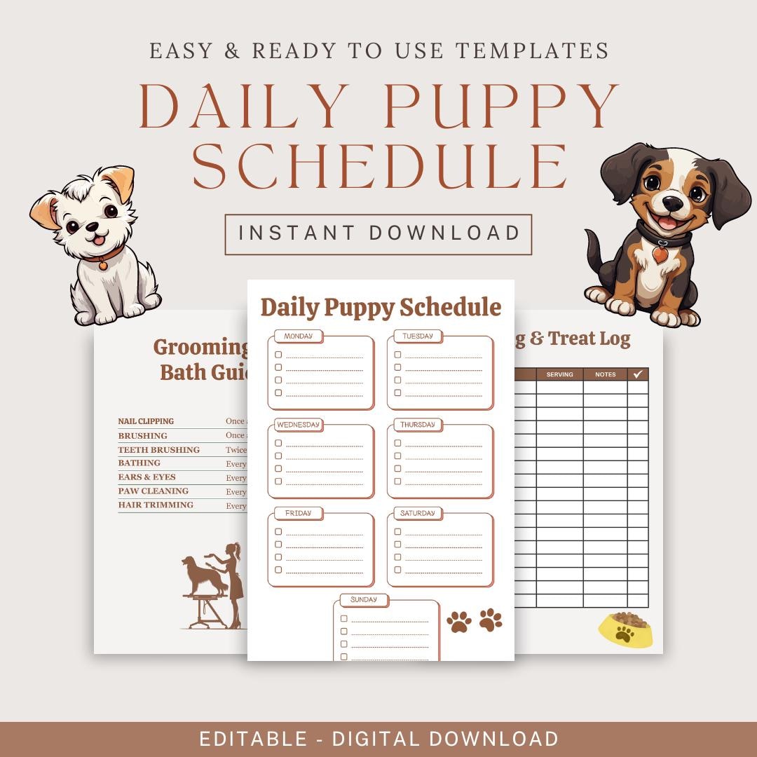 Daily Puppy Schedule & Care Planner | Puppy Care Log, Feeding, Grooming ...