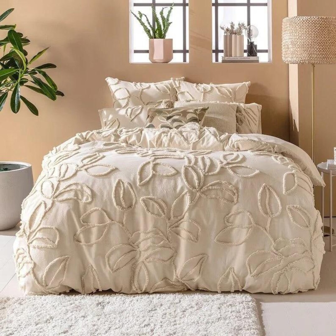 3 Piece Tufted Cotton Duvet Cover Set, Natural Duvet Cover With ...