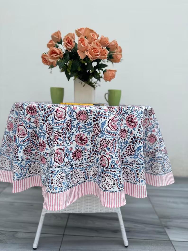 Floral Cotton Tablecloth: Hand Block Print, Custom Size - Etsy