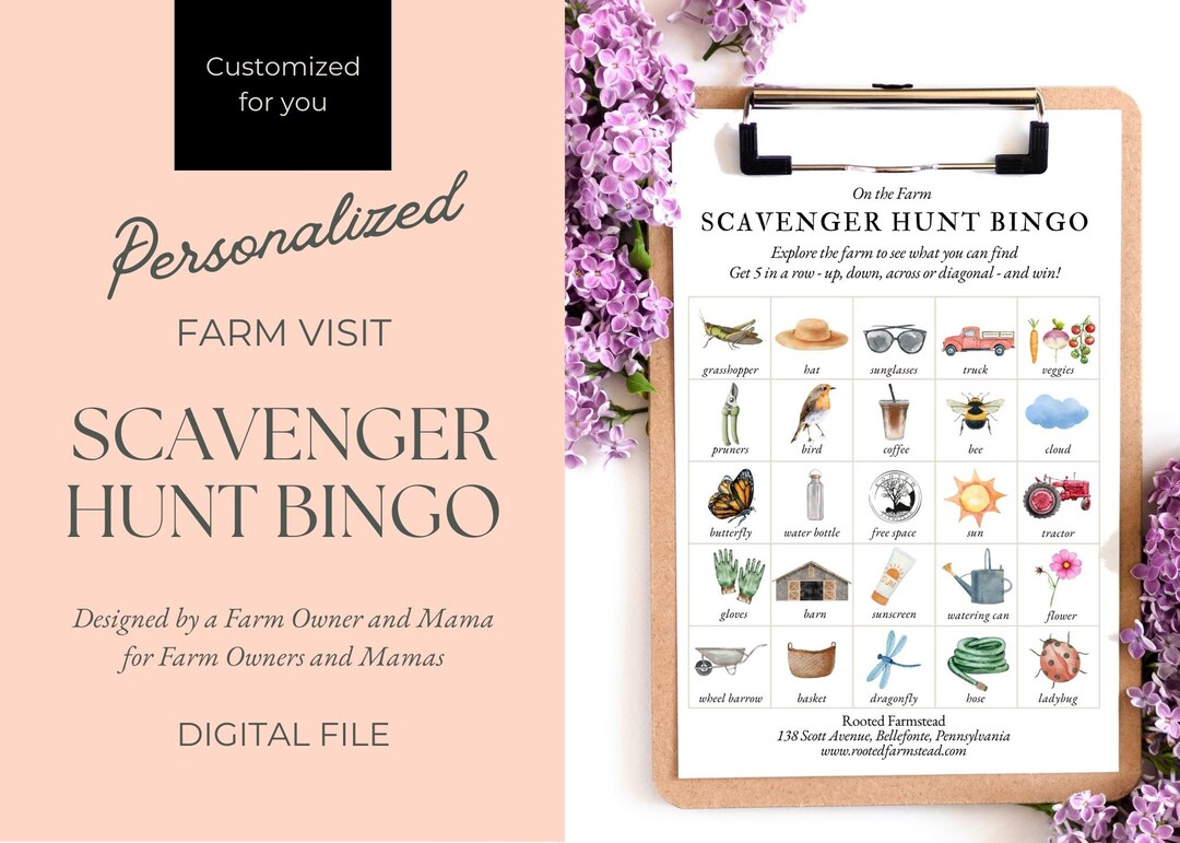 CUSTOM Farm Field Trip Scavenger Hunt Bingo Card Digital File ...