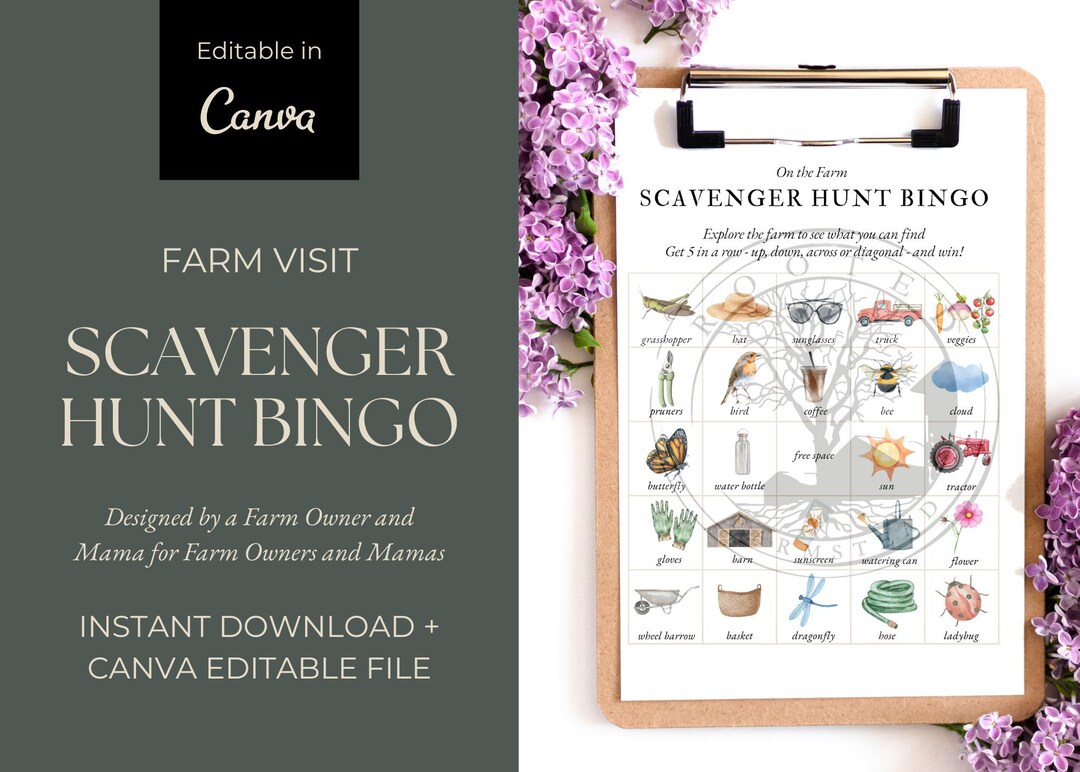 Farm Field Trip Scavenger Hunt Bingo Card Instant Download - Etsy