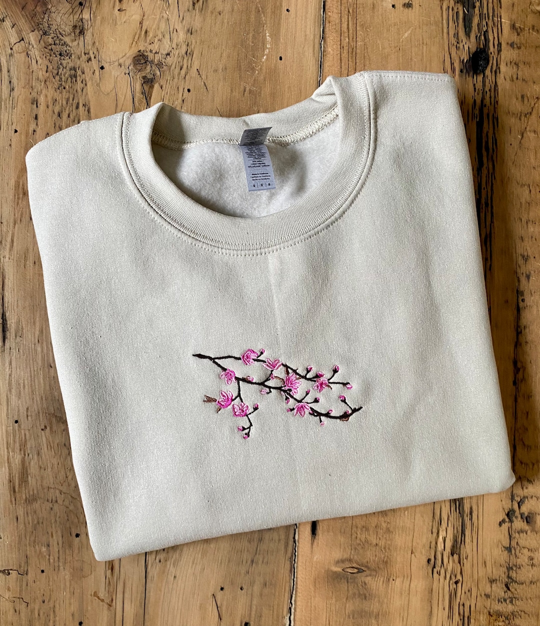 Cotton Crewneck Sakura Branch Embroidery Unisex Embroidered Pullover ...