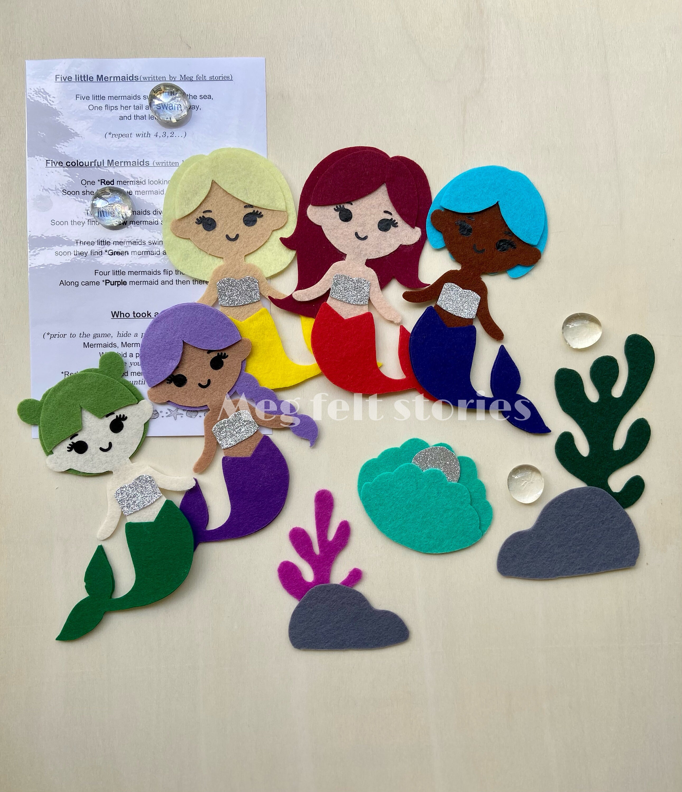 5 Little Mermaids Felt Set, Ocean, Mermaid Play Set, Hiding a Pearl ...