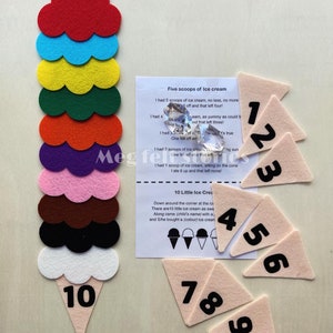 10 Ice Cream Felt Set, Five Scoops of Ice Cream, Color, Numbers ...