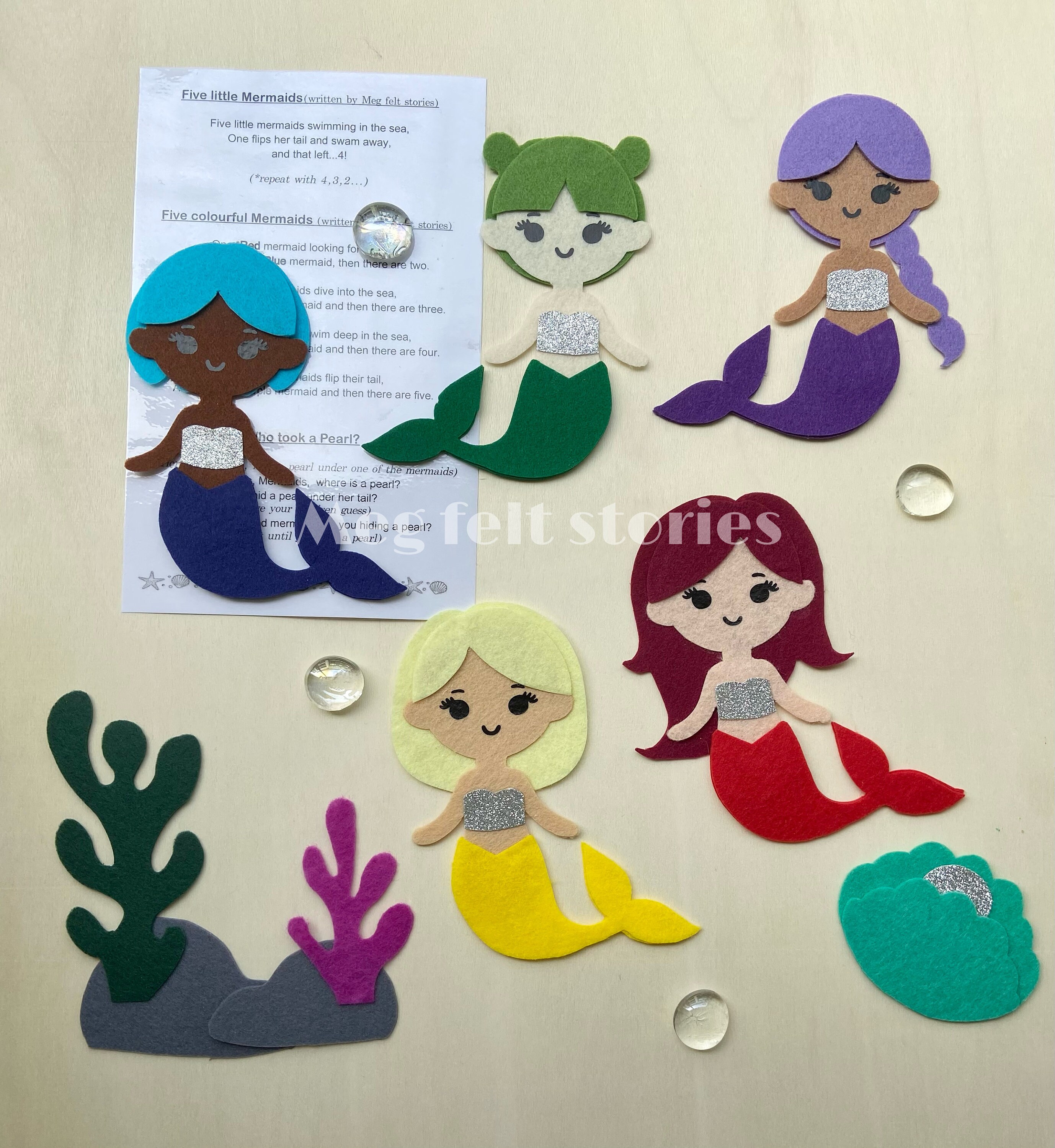 5 Little Mermaids Felt Set, Ocean, Mermaid Play Set, Hiding a Pearl ...