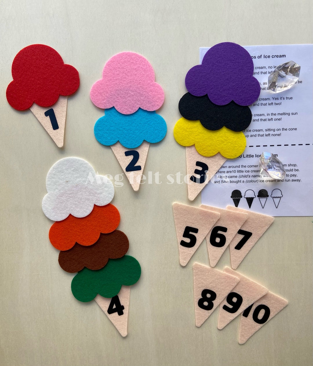 10 Ice Cream Felt Set, Five Scoops of Ice Cream, Color, Numbers ...