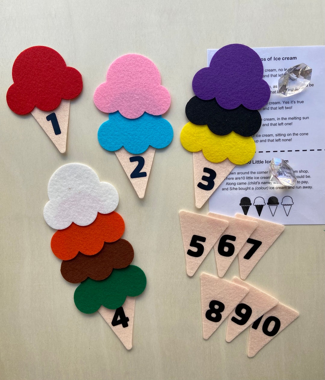 10 Ice Cream Felt Set, Five Scoops of Ice Cream, Color, Numbers ...