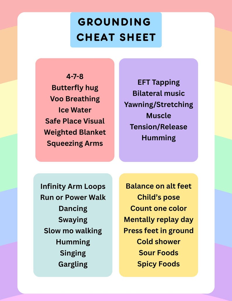 Trauma Grounding Cheat Sheet, Therpists, Trauma Therapy, CPTSD, Somatic ...