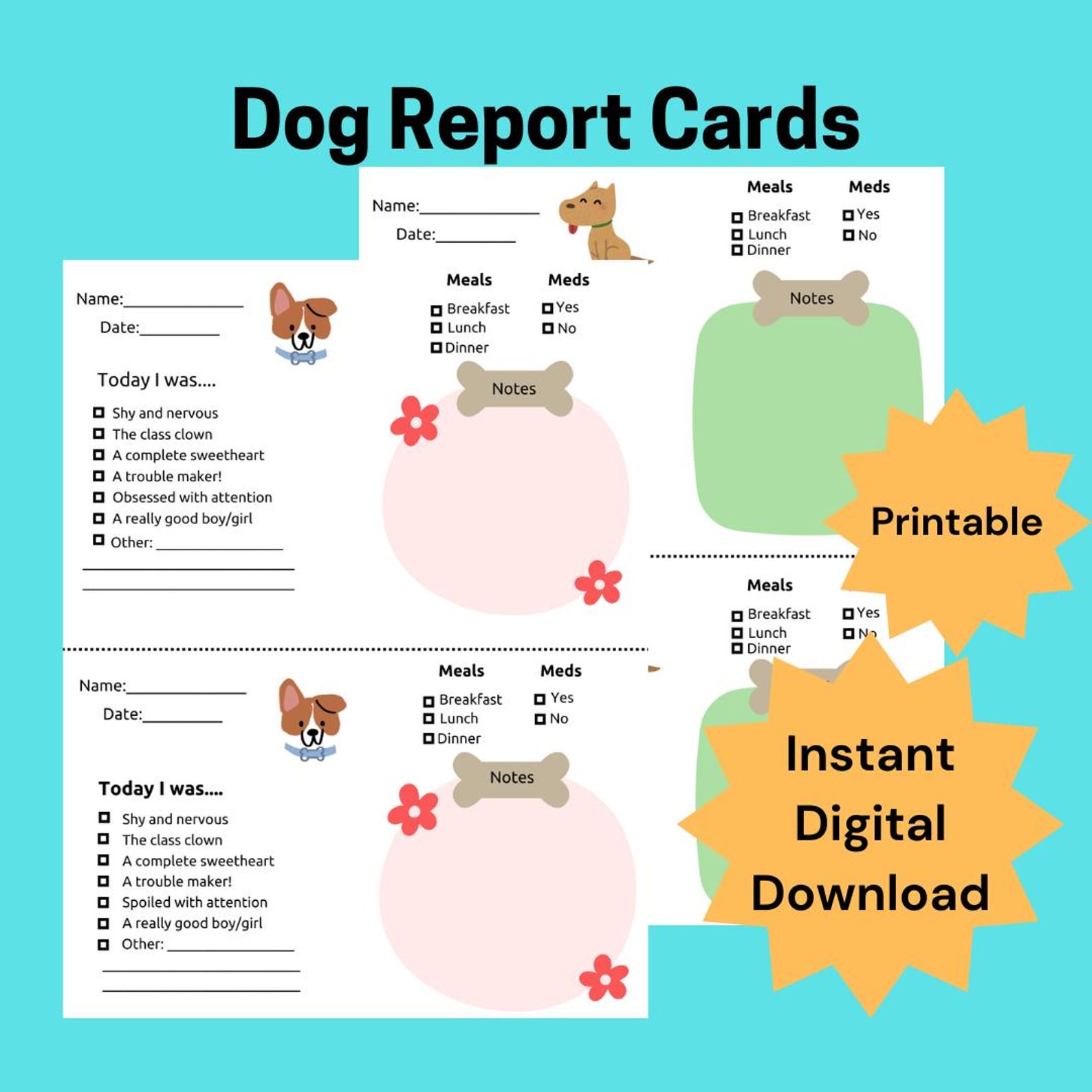 Printable Dog Report Card and Template, Instant Download, Pet Boarding ...