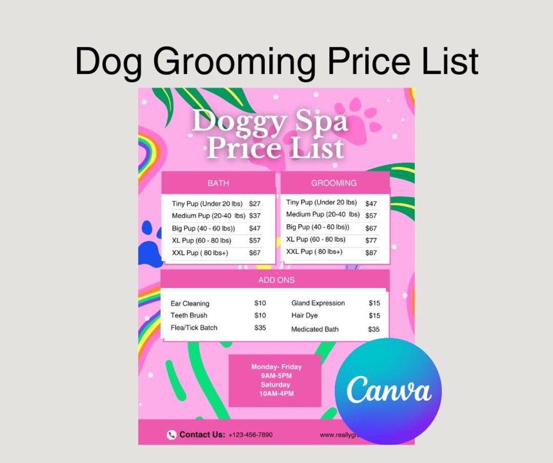 Pet Salon Grooming Price List Template, Printable Grooming Price Sheet ...