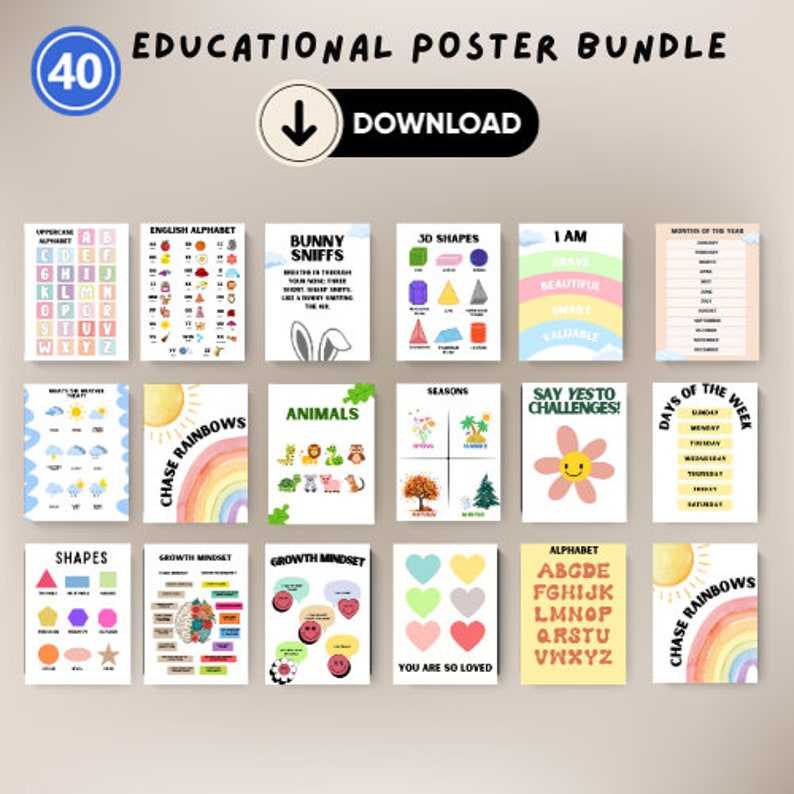 40 Educational Posters Set Playroom Rules Sign Kindergarten Classroom ...