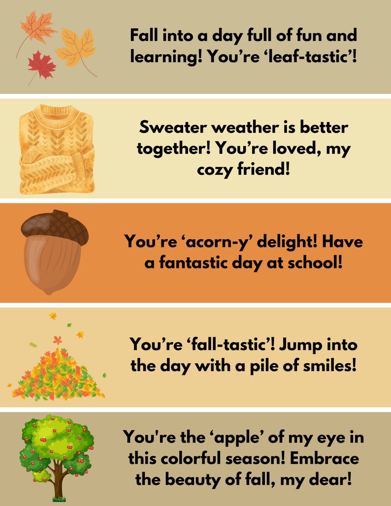 Kids School Lunchbox Notes Printable set of 5 5 Fall - Etsy