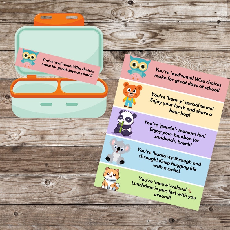 Kids School Lunchbox Notes Printable set of 5 3 Animals - Etsy