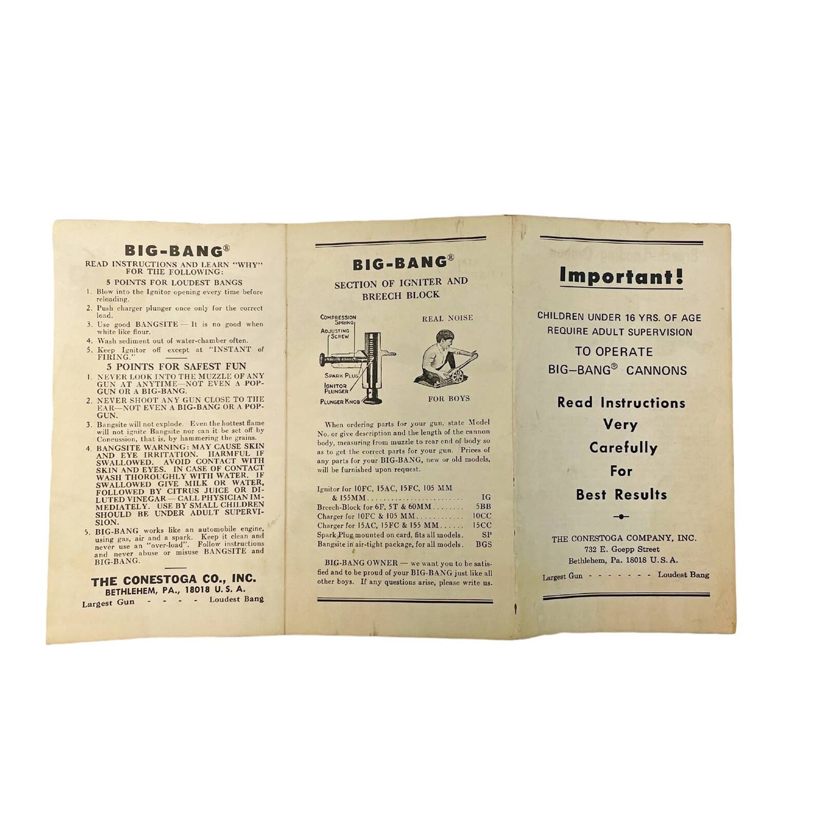 Vintage Conestoga Big Bang Parts List Order Form and Firing ...