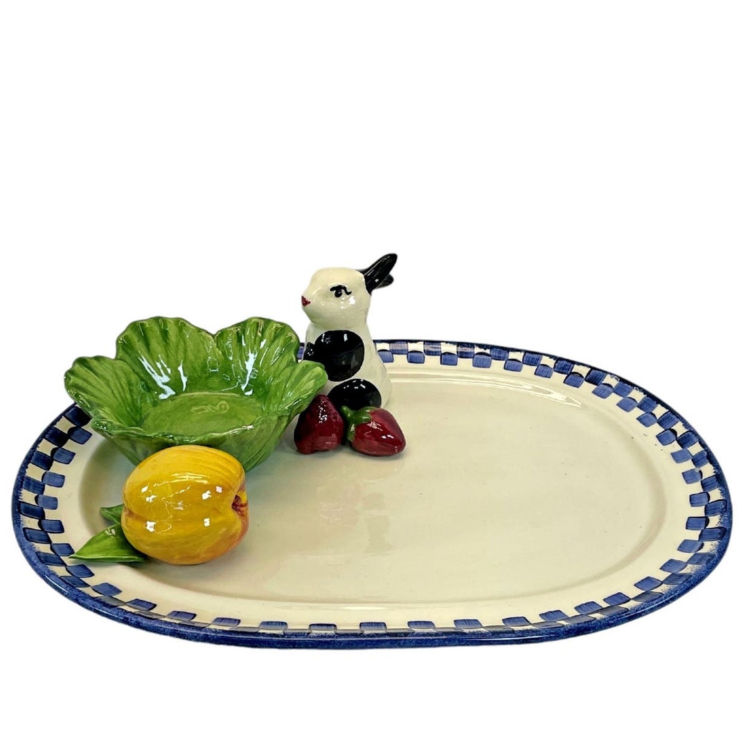 Vintage Cali Pottery Blue Checked Platter 3D Rabbit Fruit Lettuce Dip ...