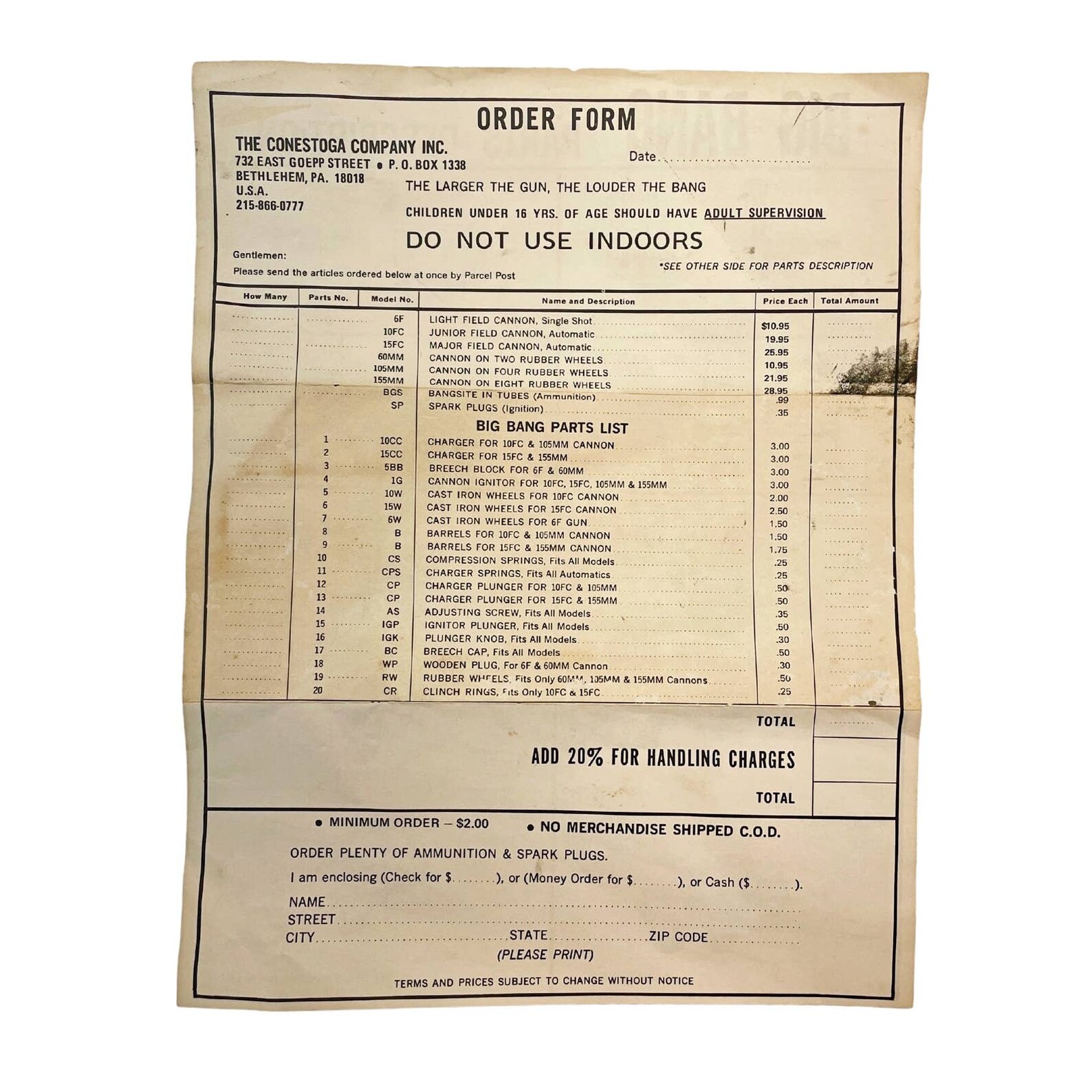 Vintage Conestoga Big Bang Parts List Order Form and Firing ...