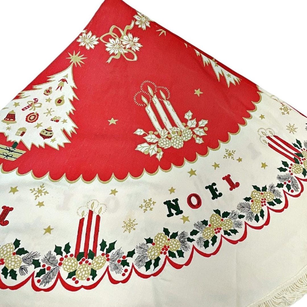 Vintage 1950s NOEL Christmas Trees Candles Fringed 60" Round Tablecloth ...