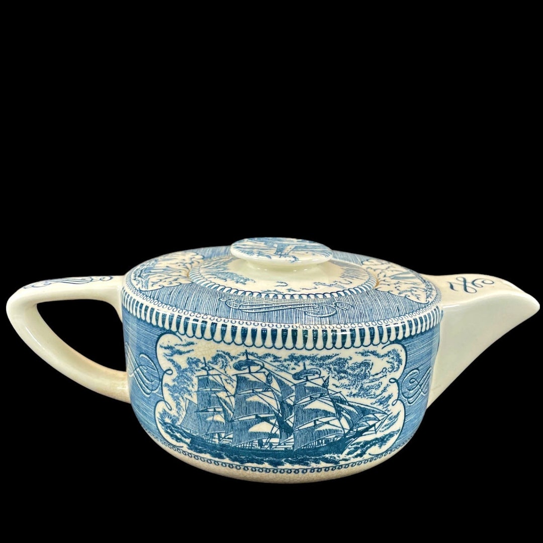 Vintage Royal China Currier Ives Blue Sailboat Ship Tea Pot 1950s ...