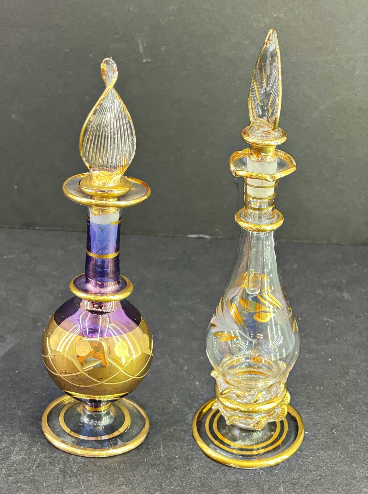 2 Vintage Fine Art Glass Perfume Bottles W/stoppers Clear Purple Gold ...