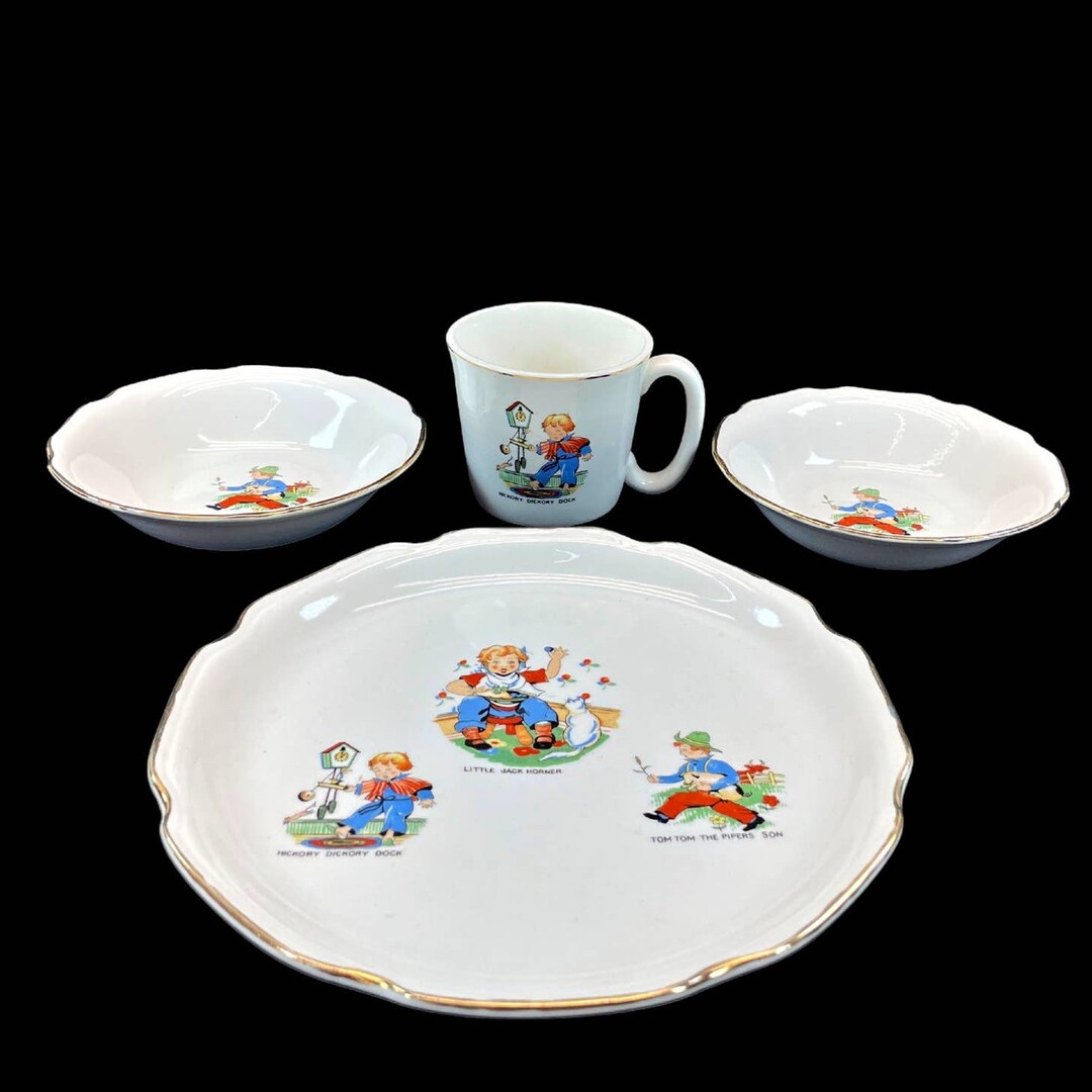 VTG 50s Sabin Set 4 Kiddieware Child's Nursery Rhyme Plate Bowls Cup ...