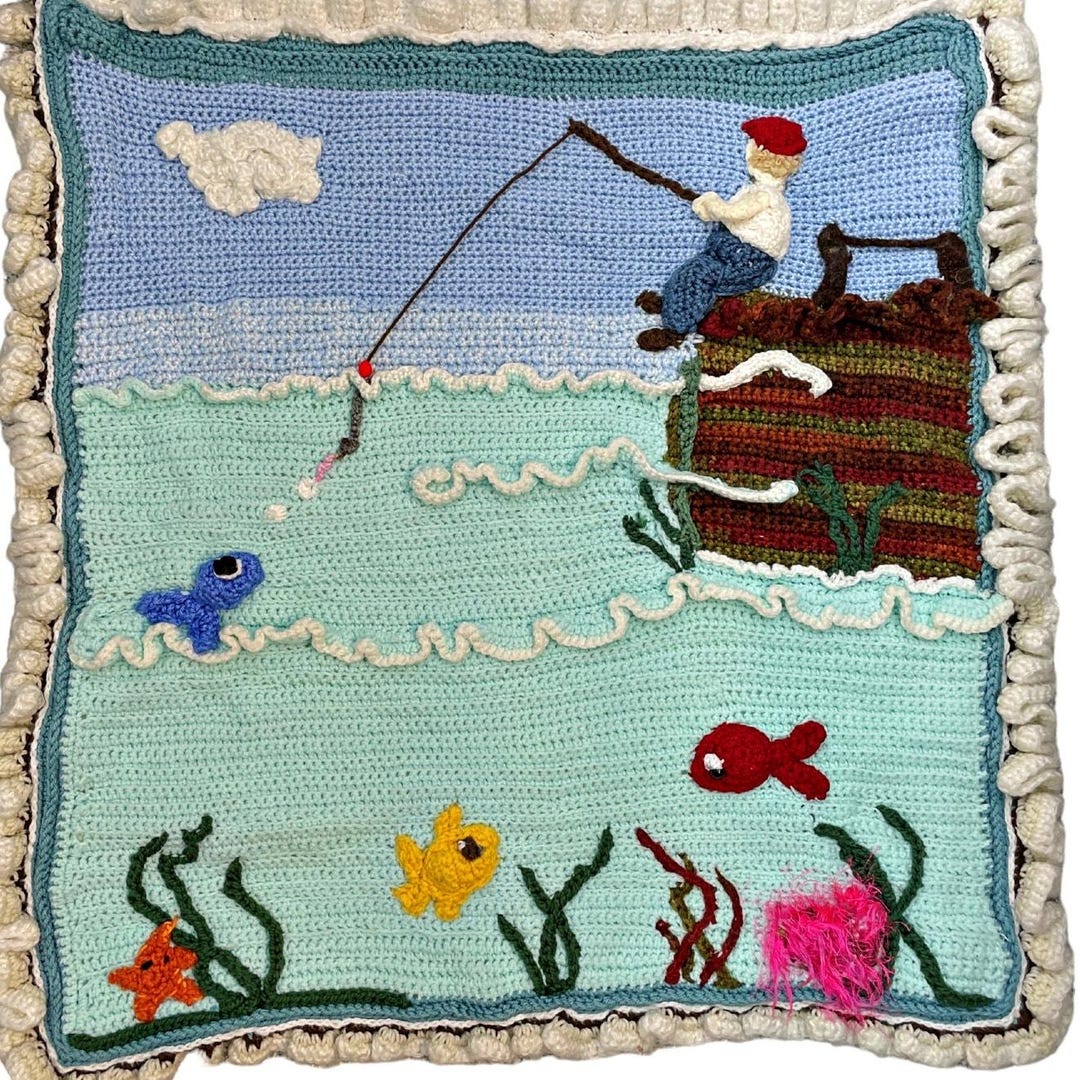 OOAK Handmade Crocheted Blanket Throw Fishing on the Dock Fish Coral ...