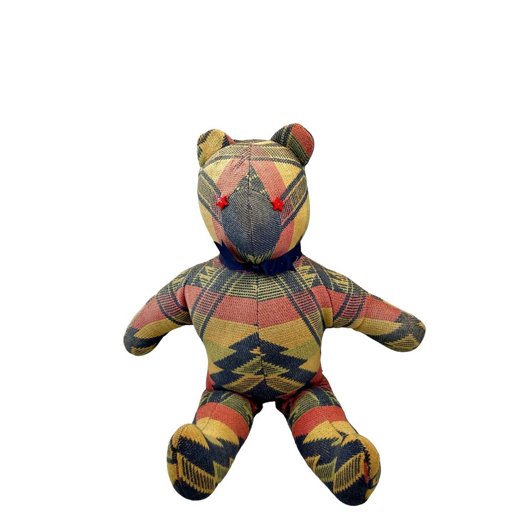 Vintage 16" Handmade Pendleton? Plaid Bear Muted Blue Red Yellow *READ ...