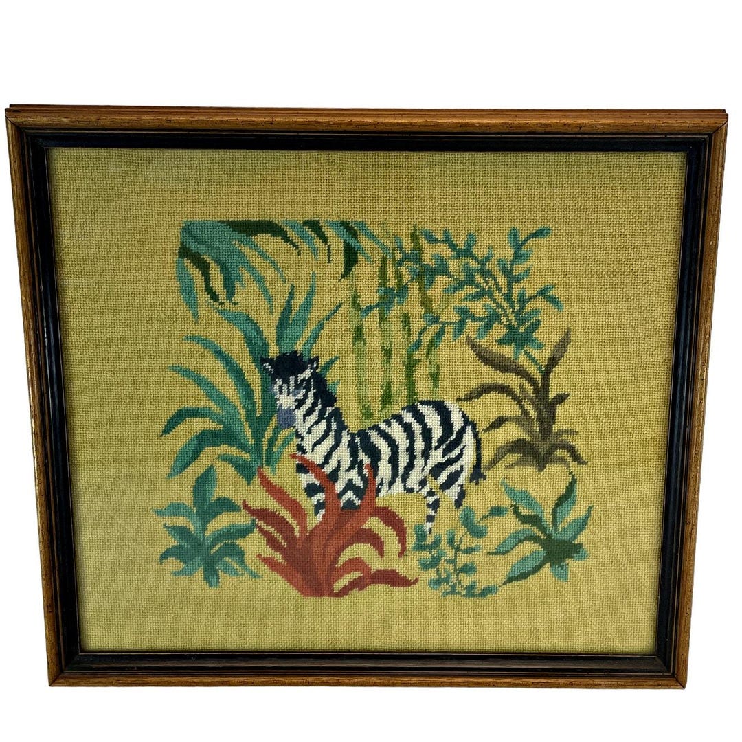 Needlepoint Crossstitch Zebra Jungle Framed Handmade Art 14" X 12.5 ...