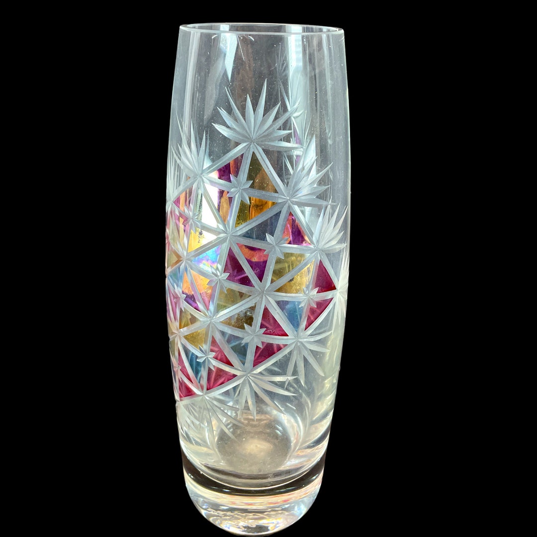 Vintage 1989 Cut to Clear Glass Rainbow Color 9" Vase Signed Czech - Etsy