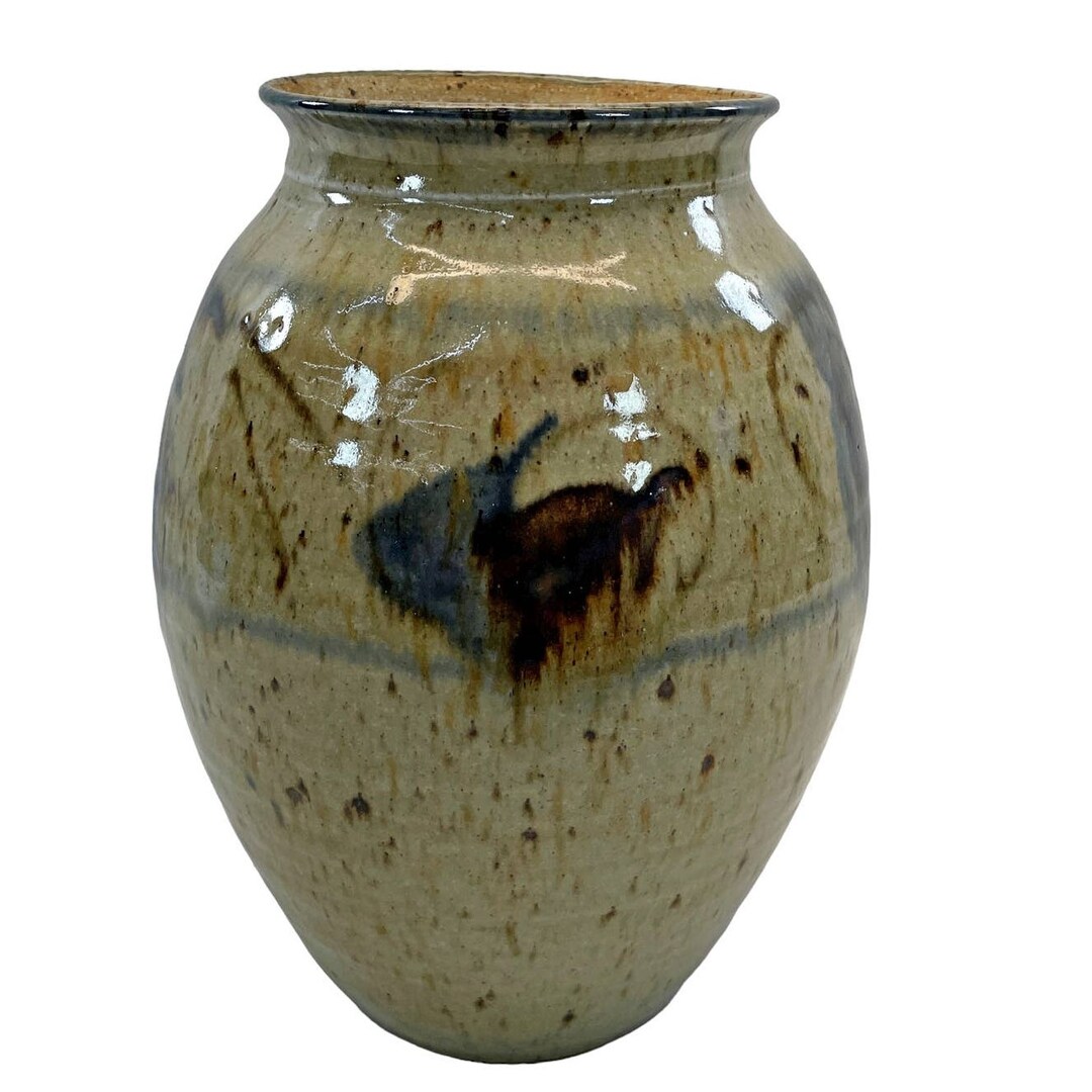 Vintage Signed Glazed Studio Pottery 1983 80's Vase 9.5" Browns Blues ...