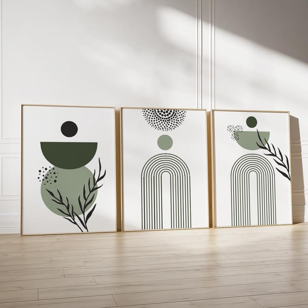 Scandinavian Sage Green and White Set of 3 Poster, Abstract Shapes Wall ...