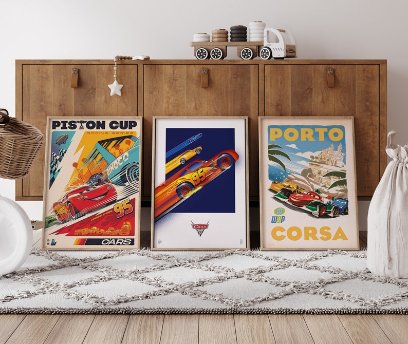 Set of 3 Movie Poster - Cars Movie Poster - Piston Cup - Disneyland ...
