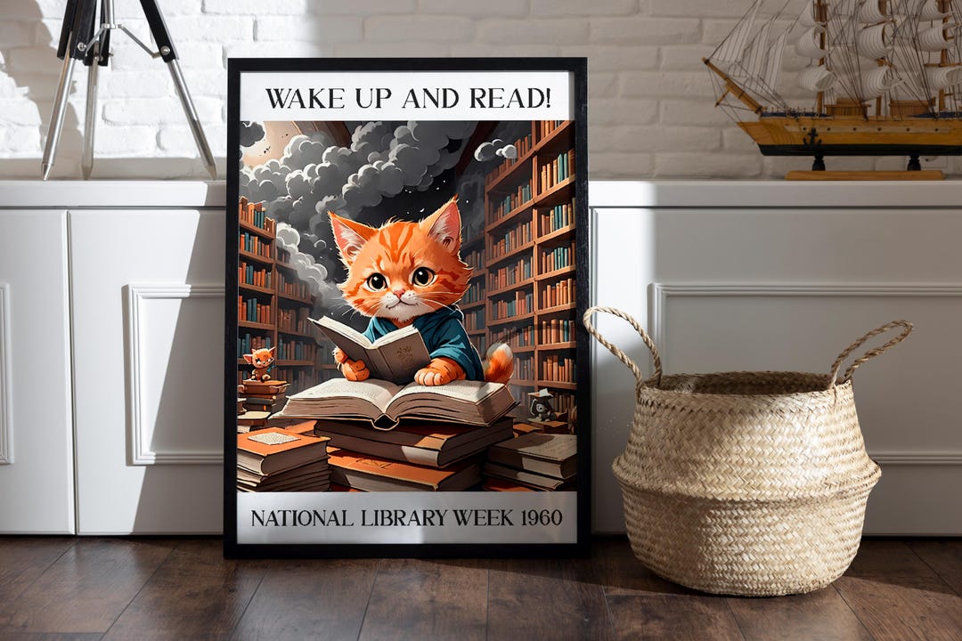 Wake up and Read National Library Week Poster, Cat and Book Wall Art ...