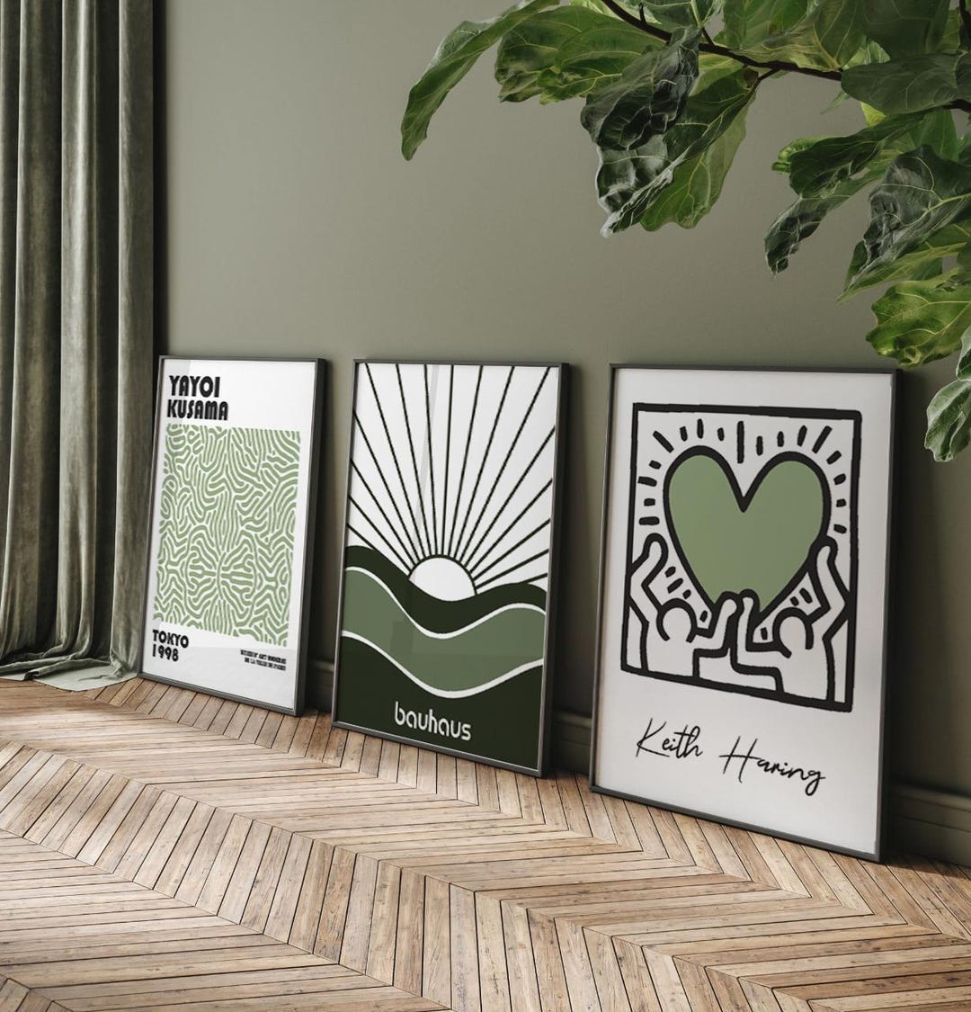 Set of 3 Sage Green Kusama, Keith Haring and Bauhaus Prints, White Wall ...