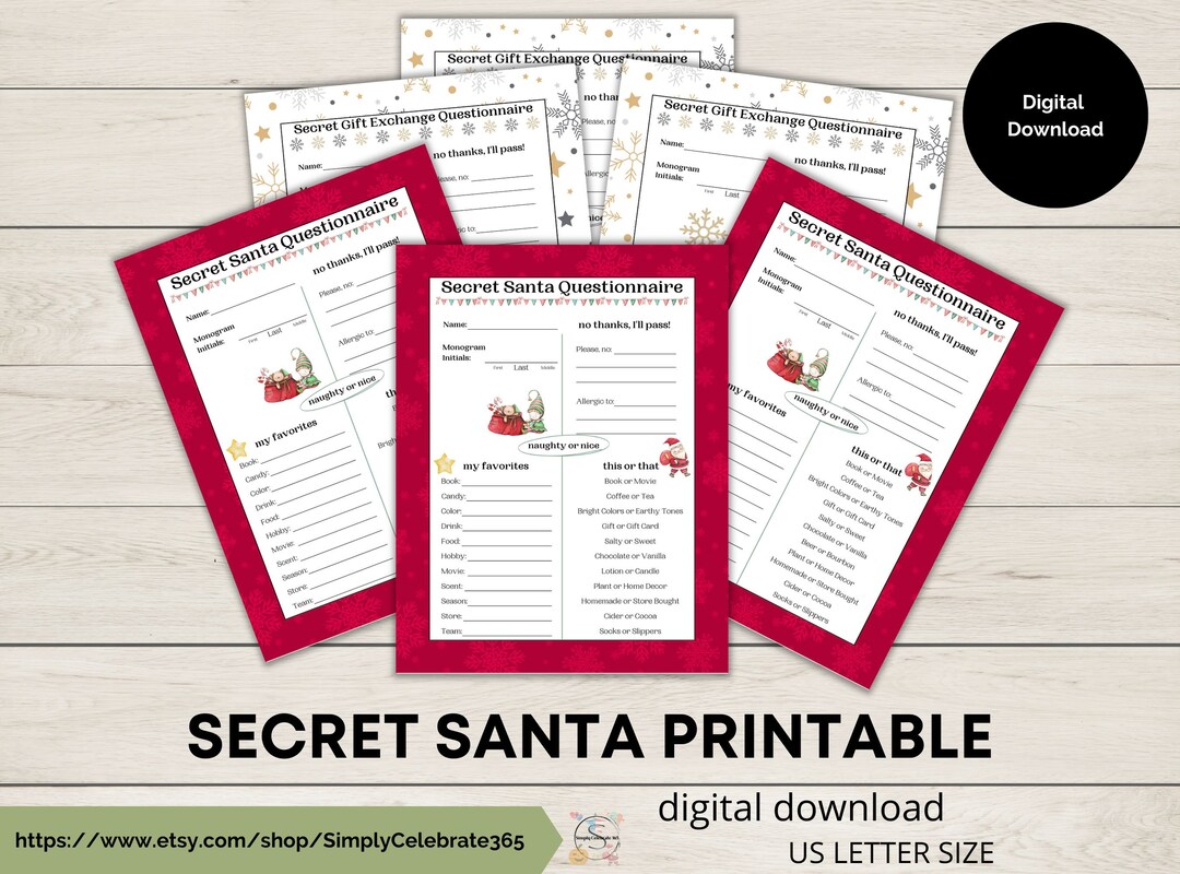 Secret Santa Questionnaire Printable Form Secret Santa Printable Secret ...