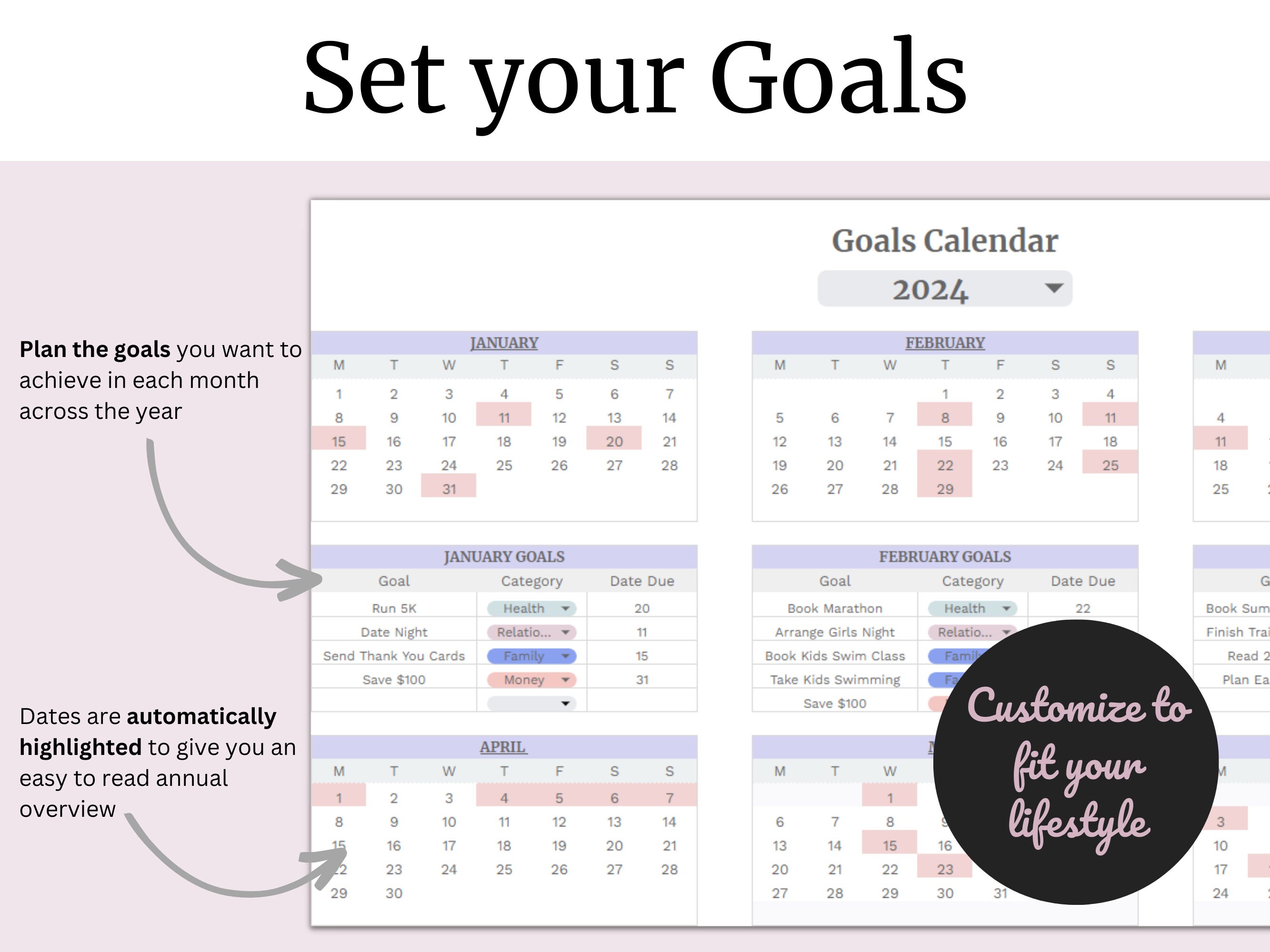 Goal and Event Calendar | Google Sheets Annual and Monthly Calendar ...