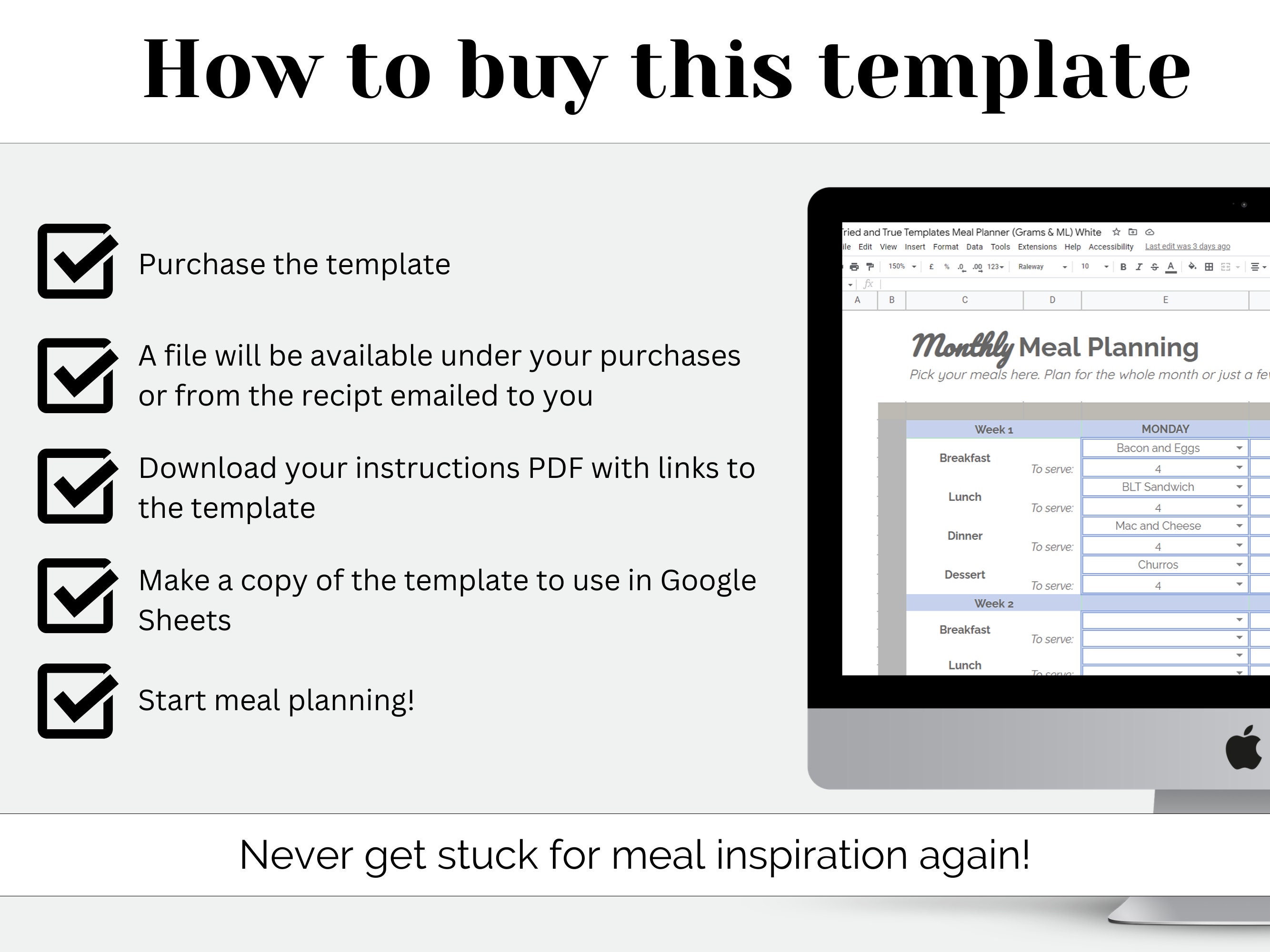 Meal Tracker Spreadsheet Complete Meal Plan Digital Food Menu Google ...