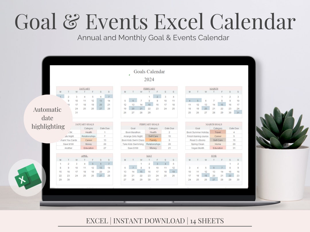 Customizable Excel Calendar | Editable Spreadsheet Template | Goal and ...