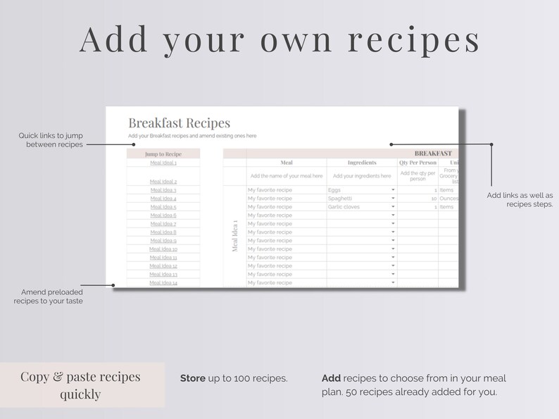 Easy Meal Prep Google Sheet | Recipe Organizer Spreadsheet | 28 Day ...