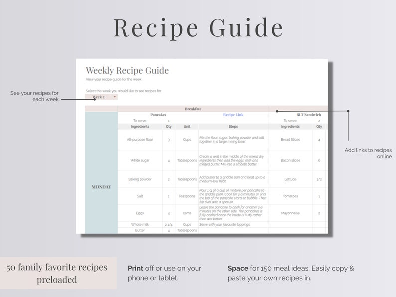 Easy Meal Prep Google Sheet | Recipe Organizer Spreadsheet | 28 Day ...